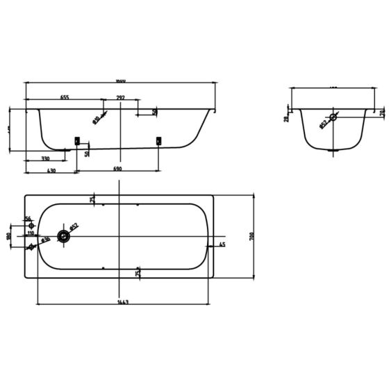 Lecico Atlas Trade Steel Bath 1600 x 700mm Slip Resistant with Feet & Grips